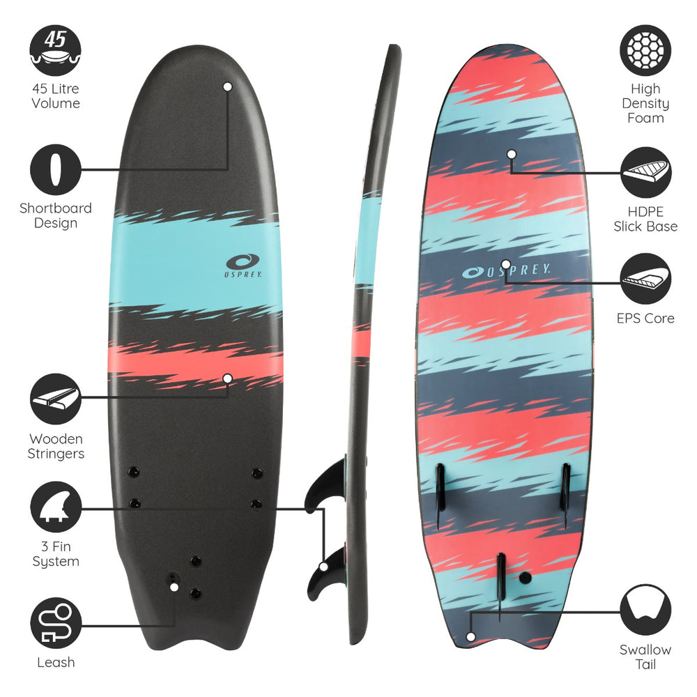 6ft Foamie - Black Jagged Stripe | Beginner Surfboards | Osprey